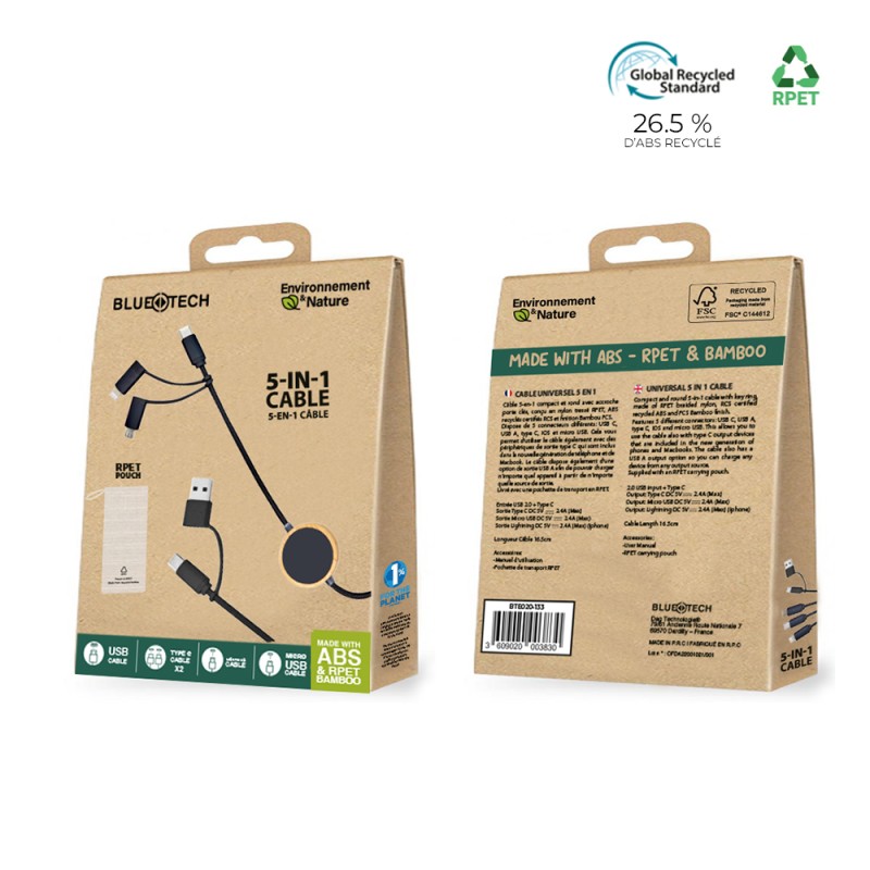 Câble recyclé 5-en-1 avec LED - BLUETECH